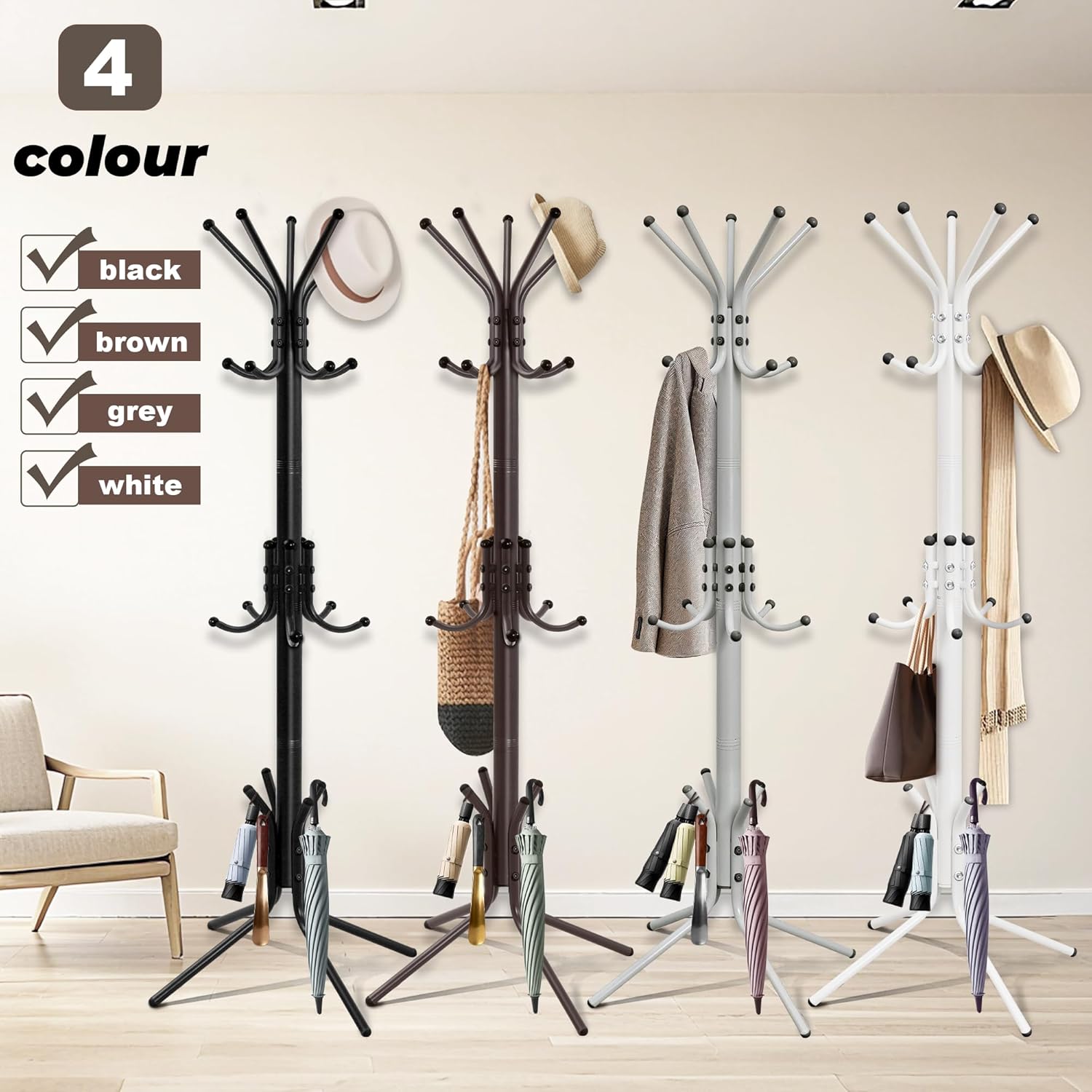 Sturdy 15-Hook Metal Coat Rack Stand | White Freestanding Hall Tree ...